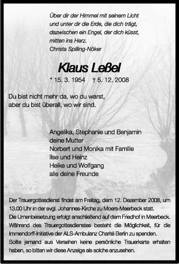 Traueranzeigen Von Klaus Leßel Trauer In Nrw De