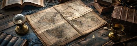 Ancient Maps Historical Books And Artifacts Are Laid Out On A Wooden Table Reflecting A Time