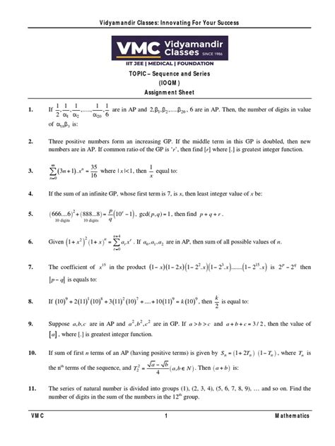 Sequence And Series Assignment Pdf Summation Sequence