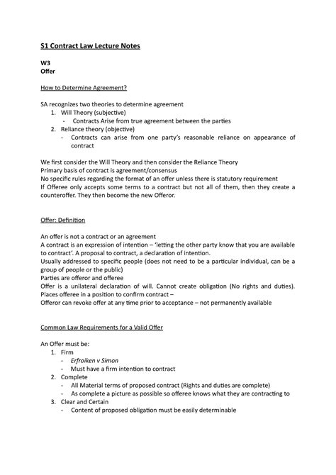 S1 Contract Lecture Notes S1 Contract Law Lecture Notes W Offer How To Determine Agreement Sa