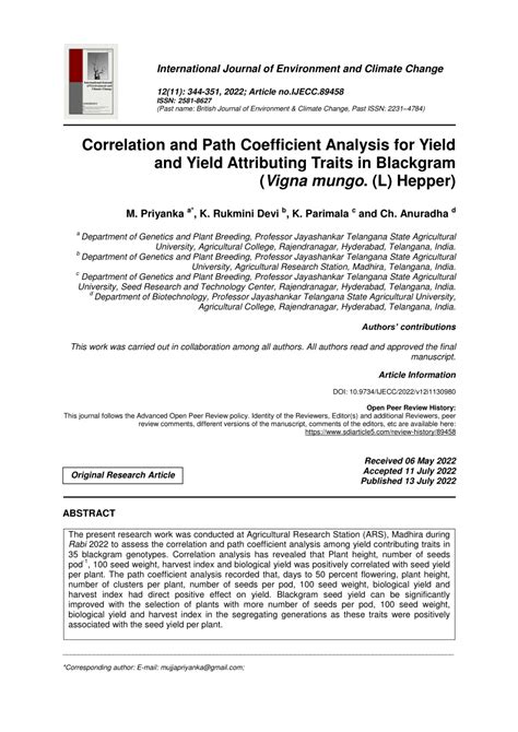 Pdf Correlation And Path Coefficient Analysis For Yield And Yield Attributing Traits In