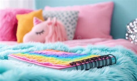 A Rainbow Colored Notebook Sits On A Soft Fluffy Blanket Creating A Colorful And Cute Bedroom