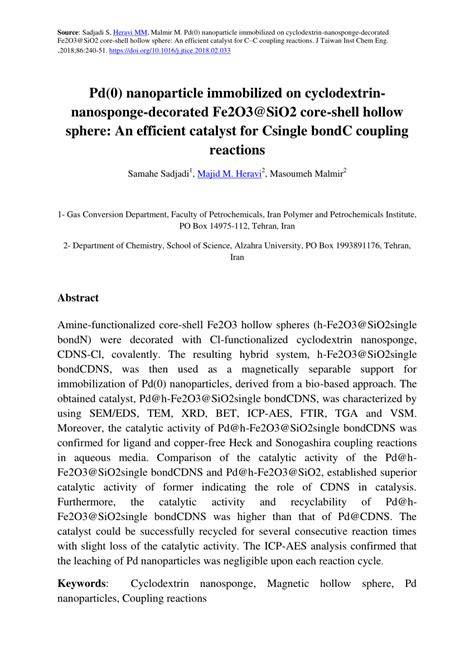 Pdf Pd0 Nanoparticle Immobilized On Cyclodextrin Nanosponge Decorated Fe 2 O 3 Sio 2 Core