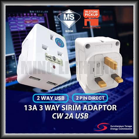 Sirim 3 Way 2 Usb Multiple Adapter With Charger 13a 3 Pin Socket Plug Switch Adaptor Neon