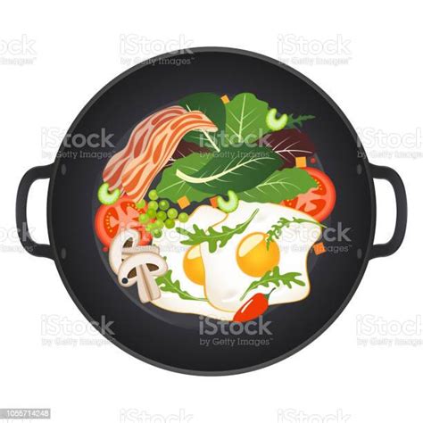 튀긴된 계란 베이컨 버섯 토마토와 양상추 평면도와 뜨거운 프라이팬 팬 흰색 배경에 고립 벡터 일러스트입니다 궁중팬에 대한 스톡 벡터 아트 및 기타 이미지 Istock