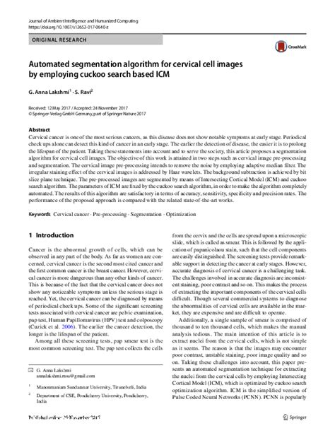 Pdf Automated Segmentation Algorithm For Cervical Cell Images By