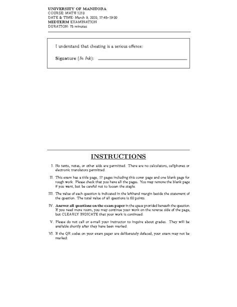W20test Techniques Of Classical And Linear Algebra Course Material Course Math 1210 Date