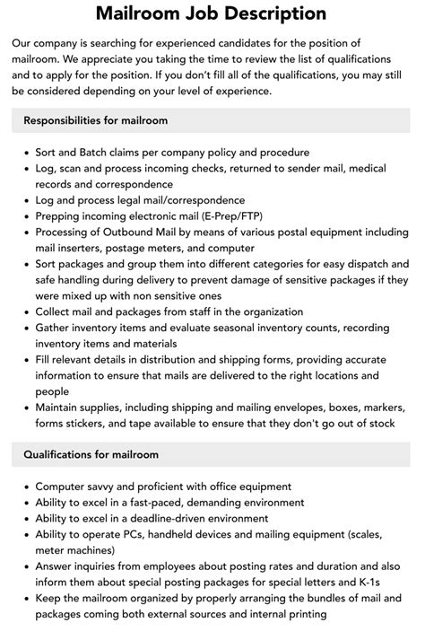 Mailroom Job Description Velvet Jobs