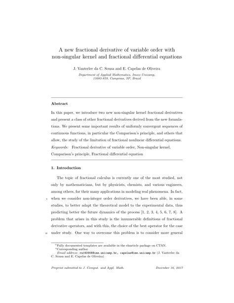 Pdf A New Fractional Derivative Of Variable Order With Non Singular