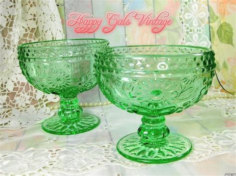 Green Glass Goblets Set Of Two Vintage Pressed Glass Goblets Etsy