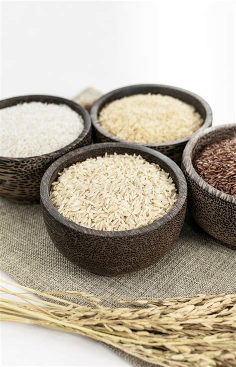 Different Kinds Of Asian Rice Variety Grains In Rustic Setting Display In Cambodia Stock Image