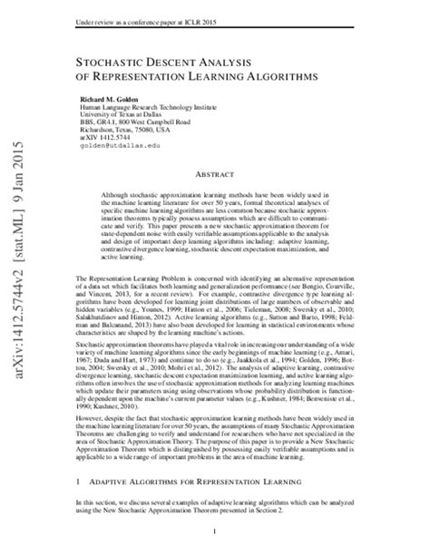 Pdf Stochastic Descent Analysis Of Representation Learning Algorithms