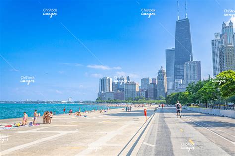 Chicago Lakefront Trail And Concrete Beach With Near North Side Skyline