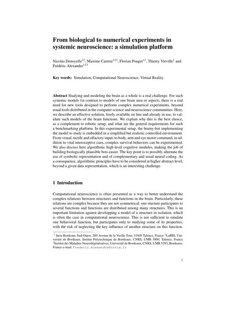 Pdf From Biological To Numerical Experiments In Systemic Neuroscience