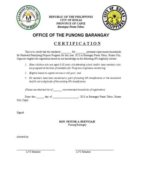 Barangay Certification For 4ps Eligibility Pdf Social Science