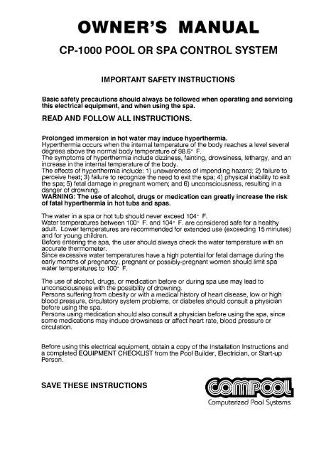 Compool Cp 1000 Pool Or Spa Control System Owners Pentair