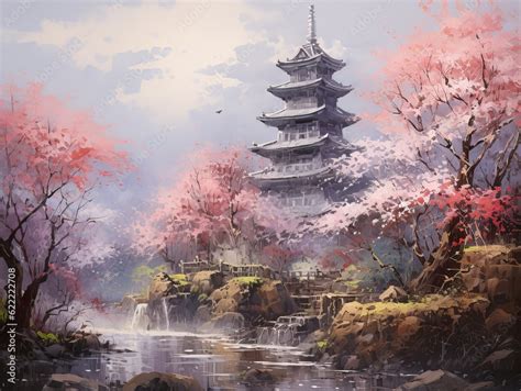 Japanese Temple Landscape Made By Watercolor Style Art Generative Ai