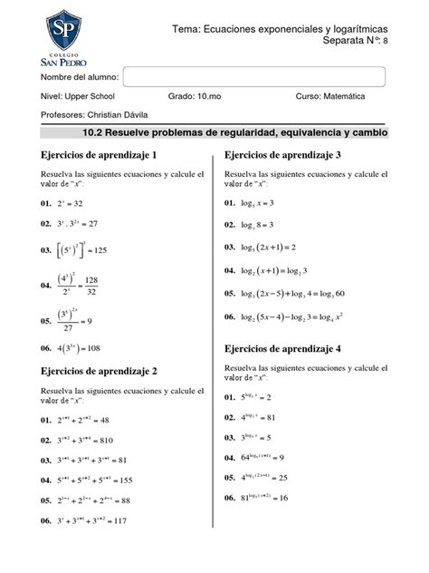 8 Ecuaciones Exponenciales Y Logarítmicas Pdf Matemáticas Objetos