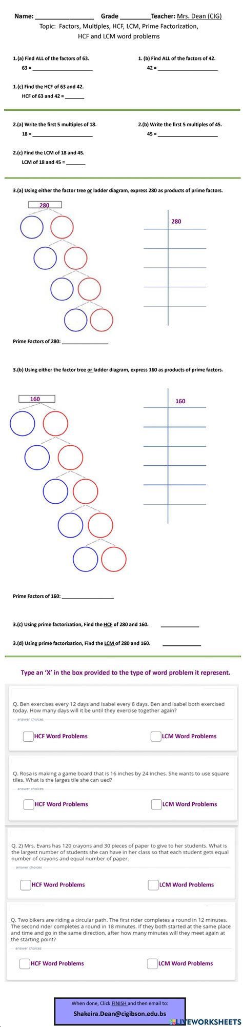 Hcf Lcm Prime Factorization Online Exercise For Live Worksheets