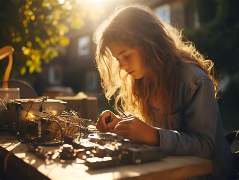 Premium Ai Image A Young Girl Debugging Homemade Electronics
