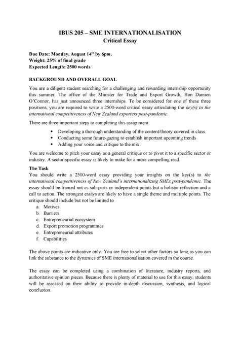 Critical Essay Assignment Instructions Ibus 205 Sme