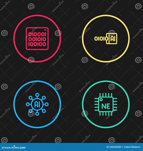 Set Line Neural Network Processor Cpu Binary Code And Icon Vector Stock Vector Illustration