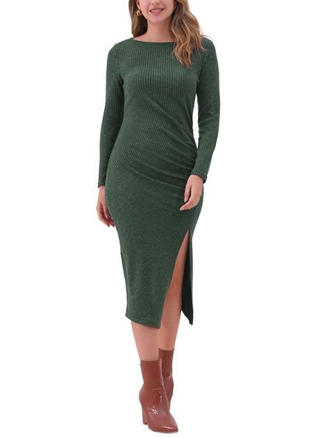 Inspire Chic Womens Dress Crew Neck Long Sleeve Side Ruched Slit
