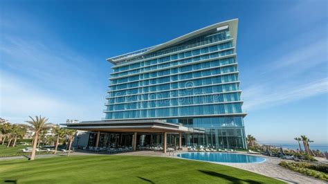 Modern Glass Hotel Tower With Pool And Ocean View Under Bright Blue Sky