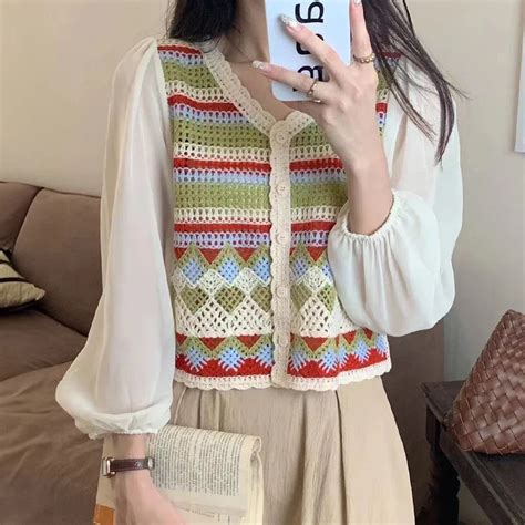 Women Crochet Top Long Sleeve Boho Multicolor Striped Button Front Open