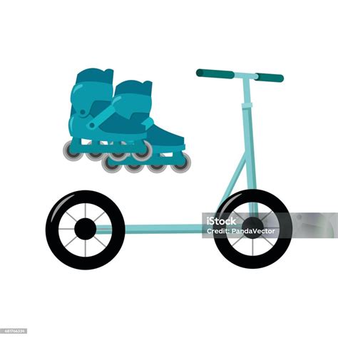 인라인 스케이트와 흰색 배경에 고립 된 만화 스타일에서 스쿠터 아이콘입니다 놀이 정원 상징 주식 벡터 일러스트입니다 0명에 대한 스톡 벡터 아트 및 기타 이미지 Istock