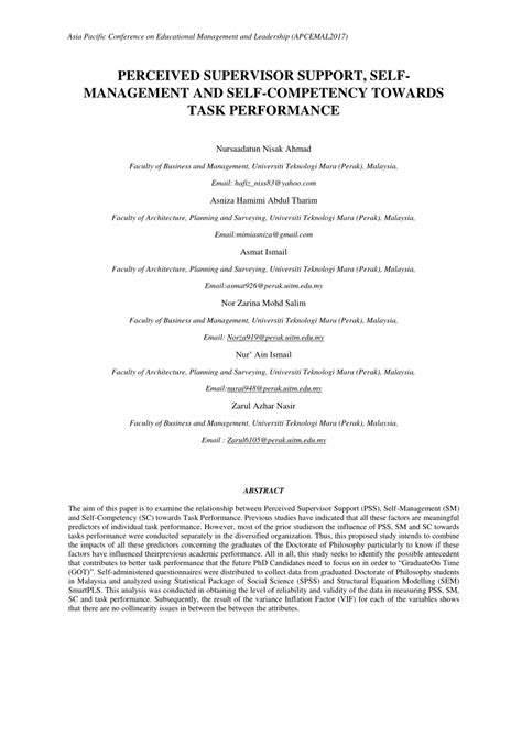 Pdf Perceived Supervisor Support Self Management And Self Competency