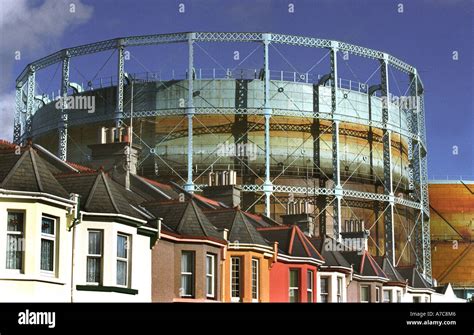Variable Volume Gas Container Or Gasometer Behind Terraced Homes In