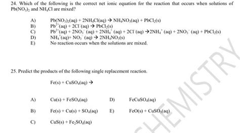Solved Which Of The Following Is The Correct Net Ionic Chegg
