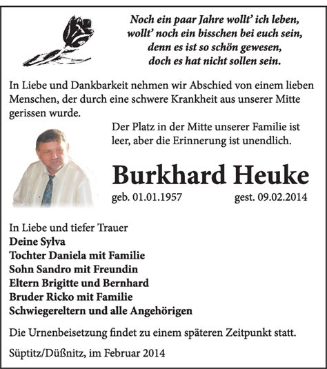 Traueranzeigen Von Burkhard Heuke Abschied Nehmende