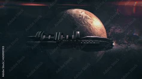 Interstellar Spaceship Slowly Flying In Outer Space Near A Planet Sci
