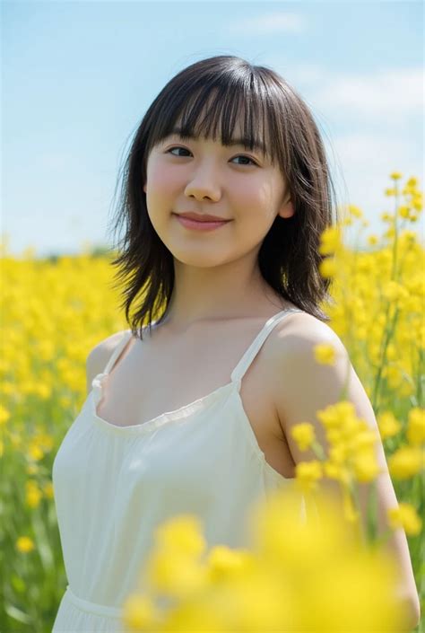 菜の花畑で撮影、青空の下で、純白のシルクのキャミソールドレスに私のふっくらした胸が見えます、上から見下ろすように写真を撮ります Seaart Ai