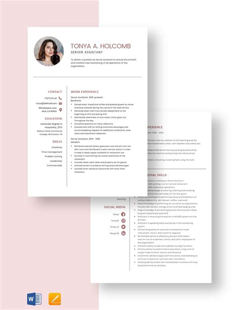 Server Assistant Resume In Pages Word Download