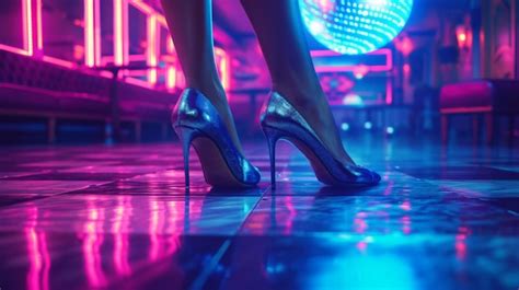 Woman Standing In High Heels On Tiled Floor With Neon Lights In