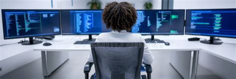 Diverse Programmer Working On Multiple Screens A Black Individual Focused On Coding Tasks While
