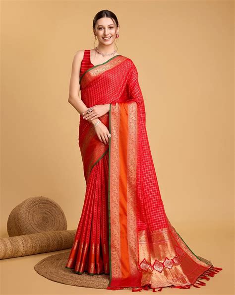 Fashionfricks Women Checked Saree With Contrast Border For Women Red