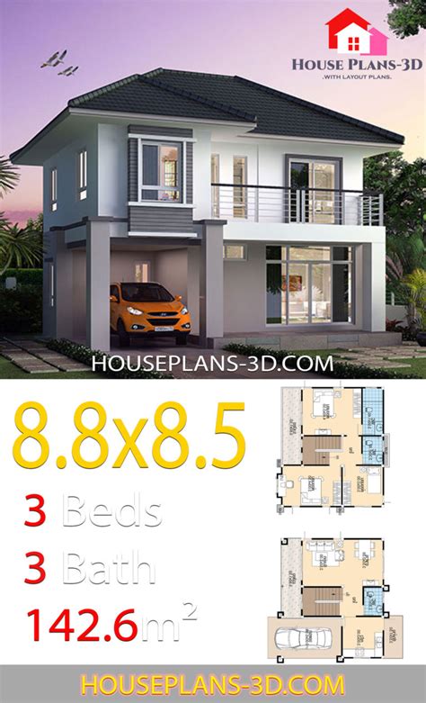 House Design 88x85 With 3 Bedrooms House Plans 3d