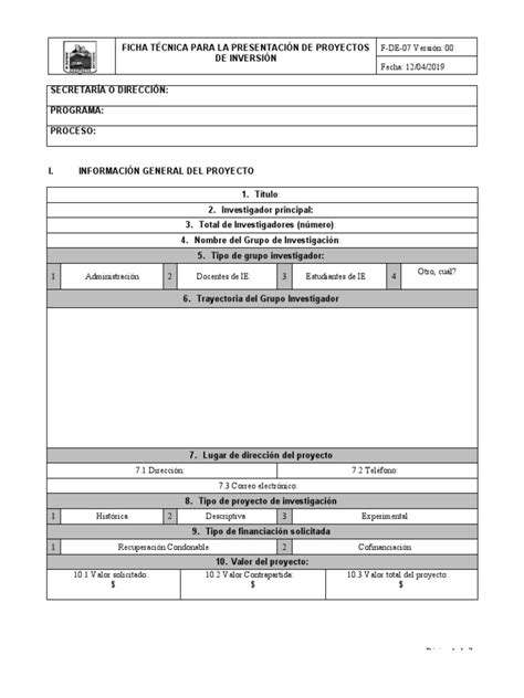 F De 07 Ficha Tecnica Presentacion Proyectos De Investigacion Pdf