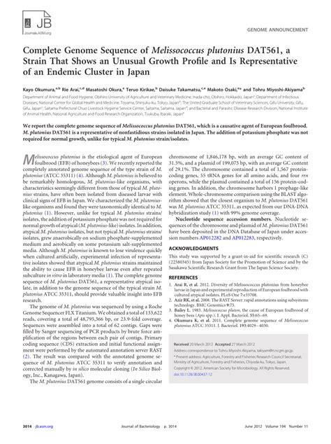 Pdf Complete Genome Sequence Of Melissococcus Plutonius Dat561 A Strain That Shows An Unusual
