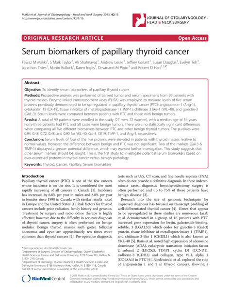 Pdf Serum Biomarkers Of Papillary Thyroid Cancer