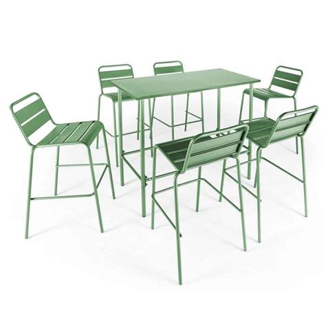 Ensemble Table Haute De Jardin Et 6 Chaises En Métal Vert Cactus
