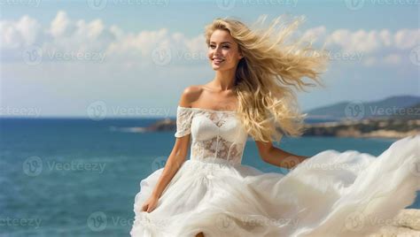 Ai Generated Beautiful Girl In A White Dress Against The Background Of