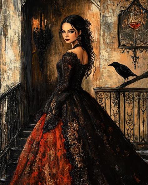 Gothic Queen Black Red Ball Gown Digital Art Print Victorian Dark