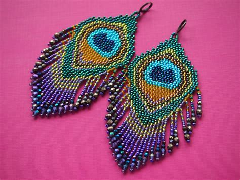 Beaded Peacock Feather Earrings Toho Seed Beads Czech Glass Fringe Etsy