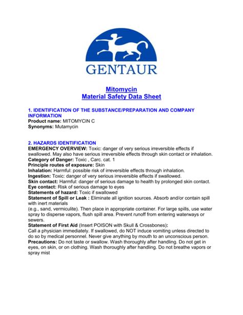 Mitomycin Material Safety Data Sheet 1 Identification Of The