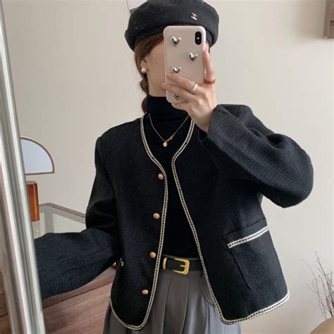 웨어라잇 트위드 자켓 프렌치 라운드넥 배색라인 자켓 Oc124695